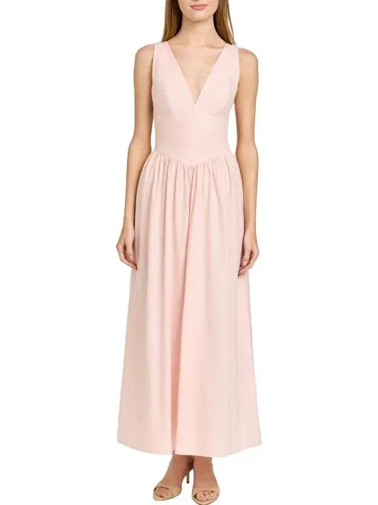 WAYF Vivia Plunge Neck Drop Waist Midi Dress - Blush