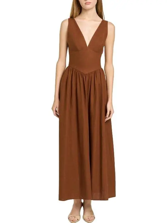 WAYF Vivia Plunge Neck Drop Waist Midi Dress - Chocolate