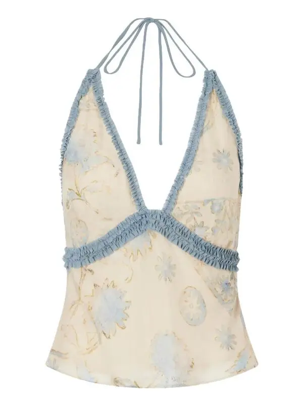 SIR. Cecile Printed Halterneck Chiffon Top With Ruffle Trim - Neutrals