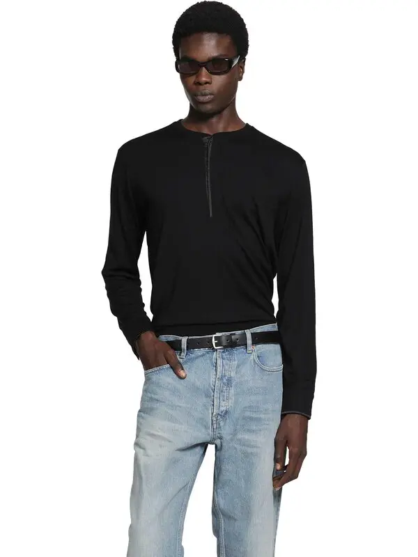 TOM FORD Wool Silk Cashmere Henley With Silk Satin Trim - Black