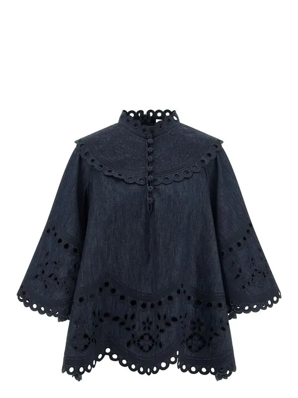 Zimmermann Mahon Embroidered Cotton Denim Blouse - Blue