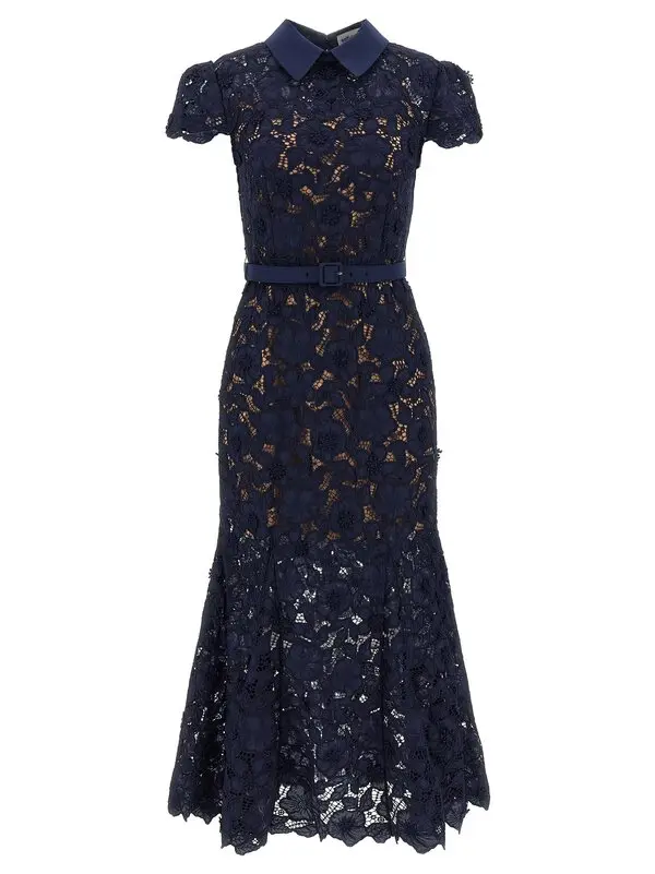 SELF-PORTRAIT Navy Guipure Lace Midi Dress With 3d Floral Appliqu - Blue