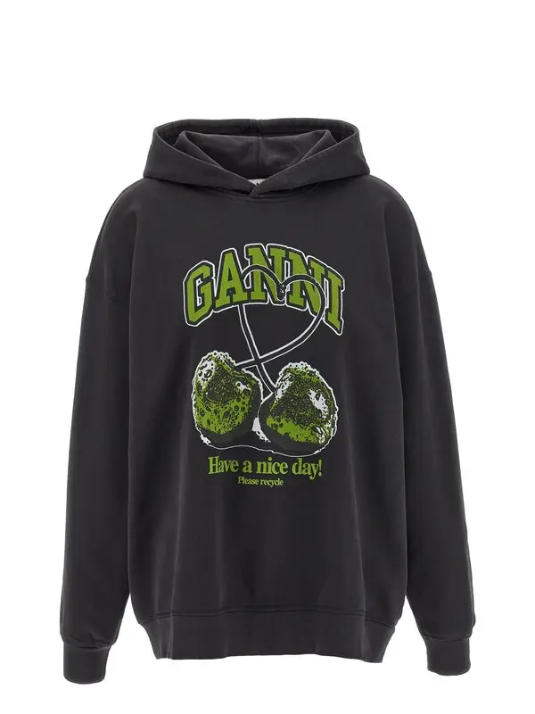 GANNI Basic Jersey Hoodie With Cherry Print - Gray