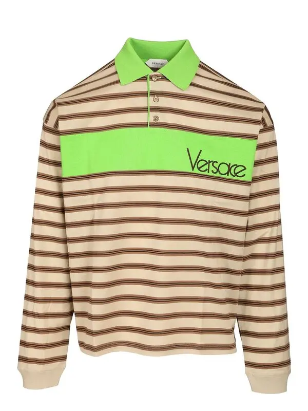Versace Striped Cotton Polo Shirt With Inlay - Multicolor