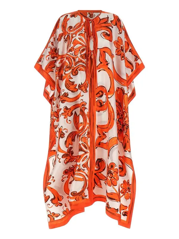 Dolce & Gabbana Maiolica' Print Silk Kaftan Dress - Orange