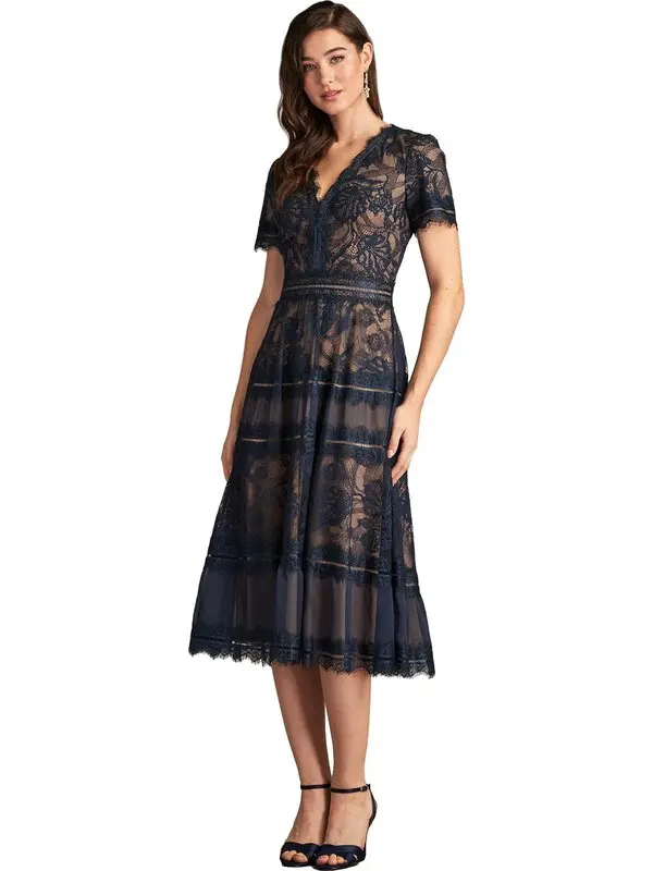 Tadashi Shoji Beatrice Lace Tea-length Dress - Navy/nude
