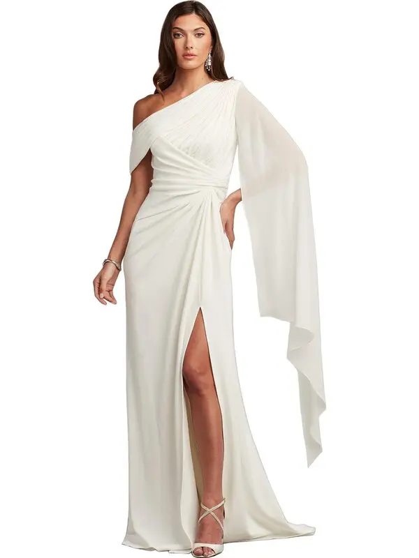 Tadashi Shoji One-shoulder Draped Cape Sleeve Gown - Ivory