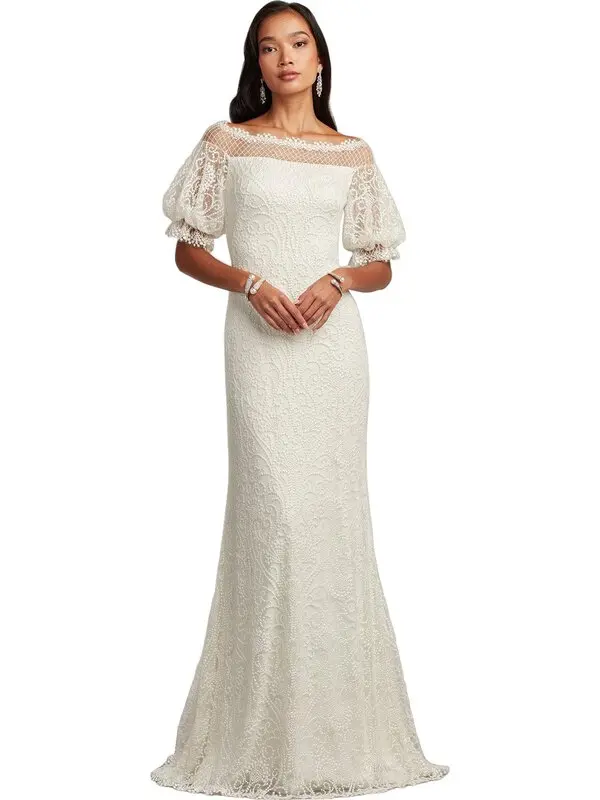 Tadashi Shoji Whelan Embroidered Puff-sleeve Gown - Ivory