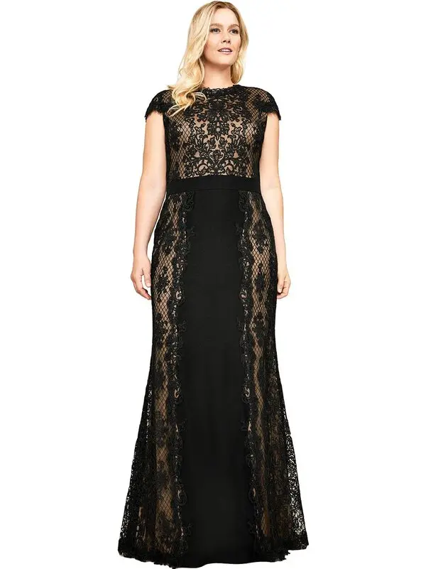 Tadashi Shoji Alexandra Embroidered Lace Gown - Black/nude