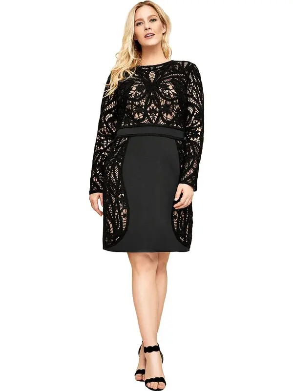 Tadashi Shoji Crochet Lace Motif Dress - Black/nude