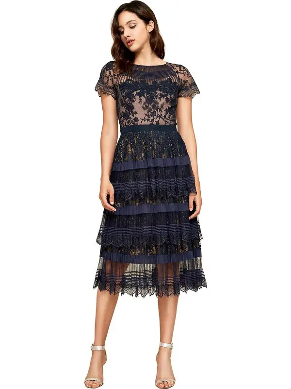 Tadashi Shoji Nixie Pleated Tea-length Dress - Black/nude