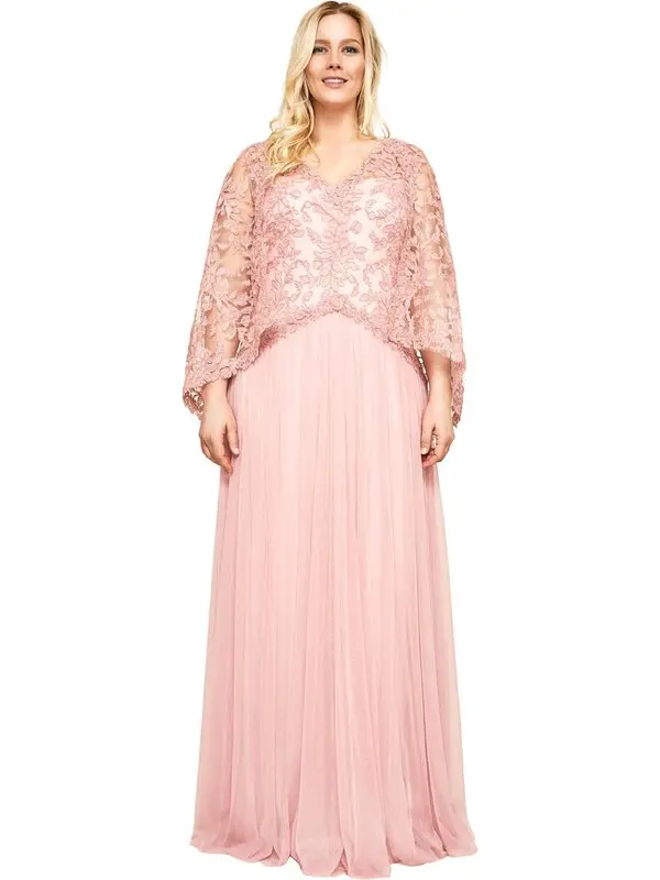 Tadashi Shoji Tulle Gown With Cord Embroidery - Navy