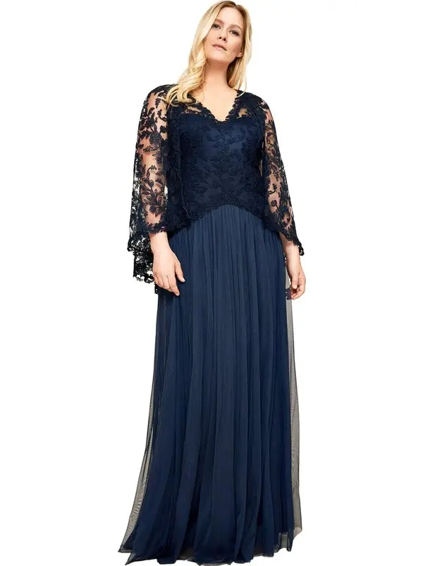 Tadashi Shoji Tulle Gown With Cord Embroidery - Navy