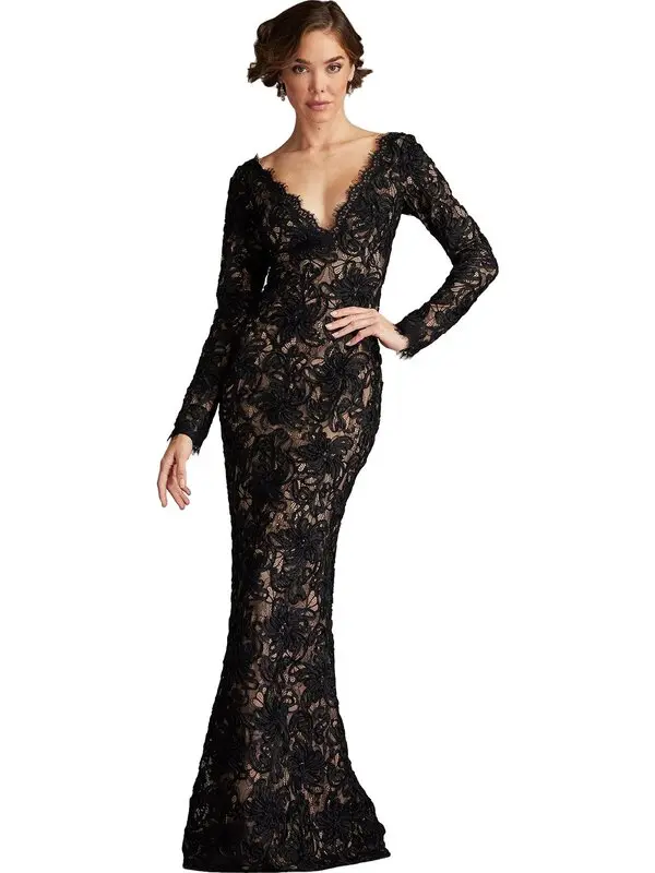 Tadashi Shoji Beloit Ribbon Embroidered Gown - Black/nude