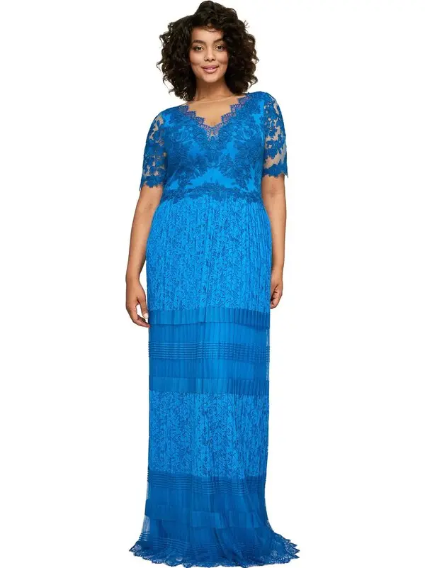 Tadashi Shoji Cira Pleated Lace Gown - Azure
