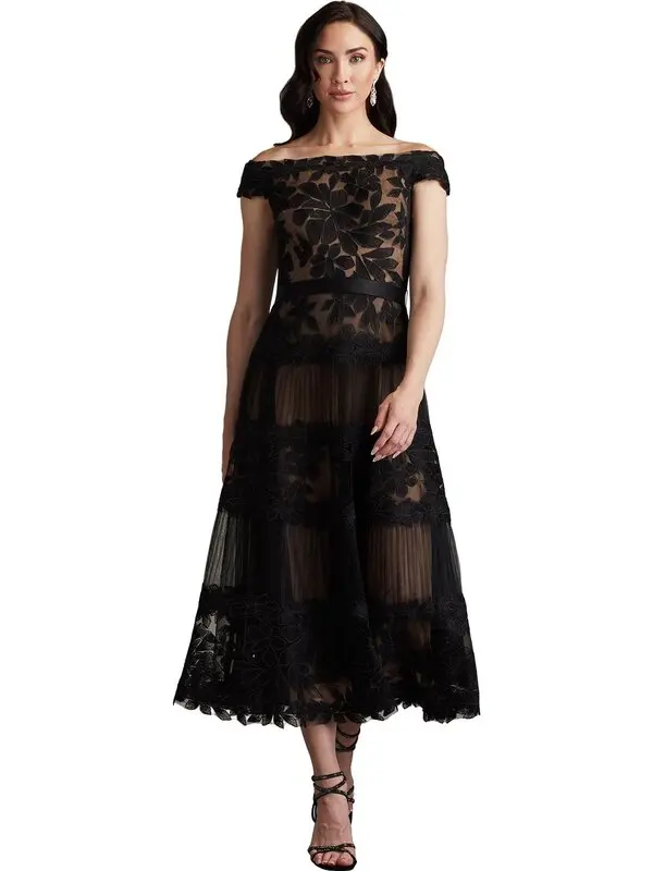 Tadashi Shoji Adriane Floral Embroidered Tea-length Dress - Black/nude