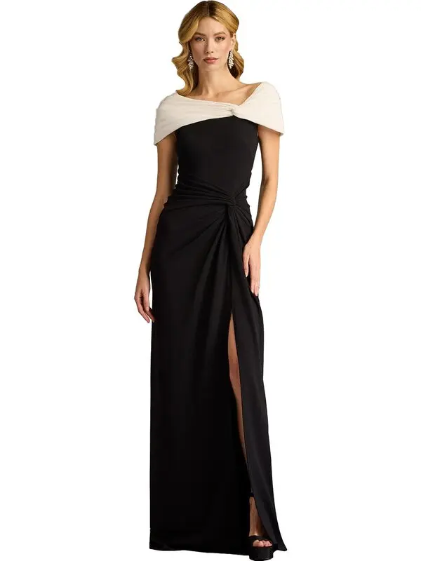 Tadashi Shoji Asymmetrical Draped Gown With Slit - Black/ivory