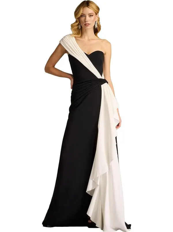 Tadashi Shoji Lune Waterfall Sash Gown - Black/ivory