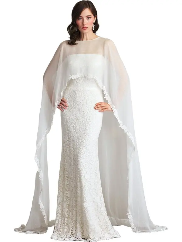 Tadashi Shoji Embroidered Tulle Trumpet Gown With Silk Chiffon Overlay - Ivory
