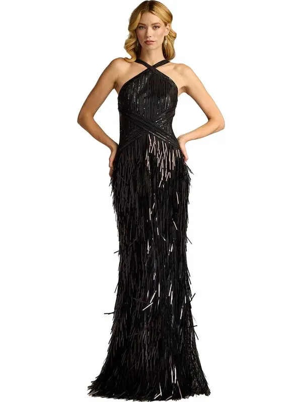Tadashi Shoji Sequin Fringe Halter Gown - Black