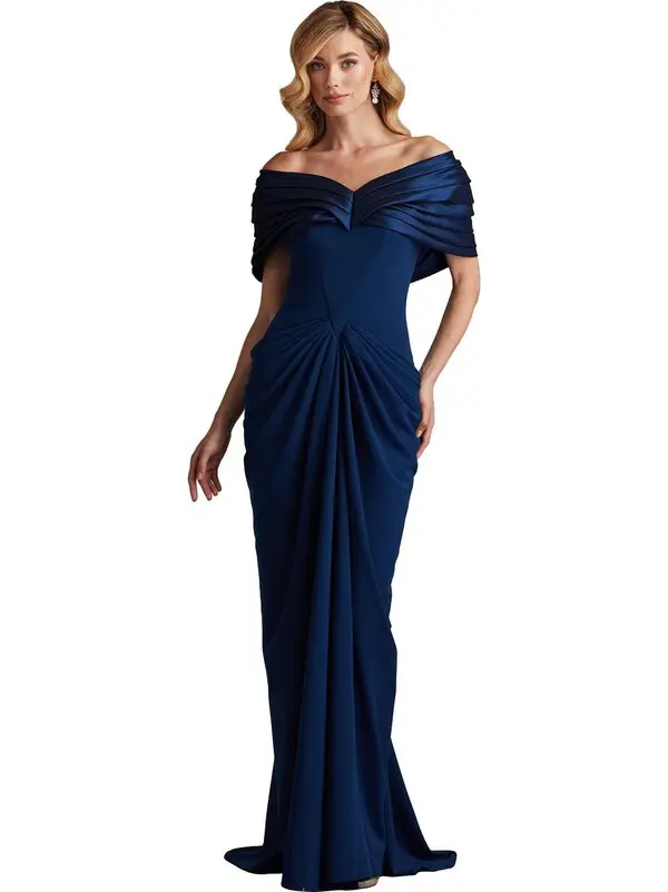 Tadashi Shoji Seraphine Pleated Portrait Collar Gown - Navy