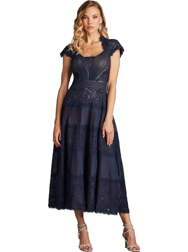 Tadashi Shoji Lace Tea-length Dress - Navy/nude