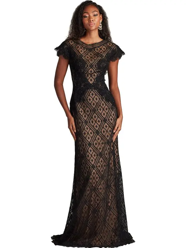 Tadashi Shoji Embroidered Illusion Gown With Ruffled Cap Sleeves - Black/nude