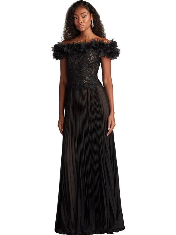 Tadashi Shoji Margaux Off-shoulder Floral Ruffle Trim Gown - Black/nude