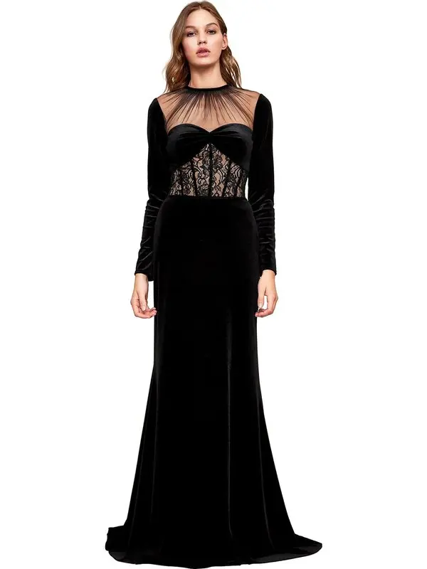 Tadashi Shoji Marcella Long-sleeve Velvet Gown - Black/nude