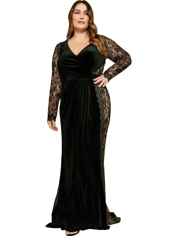Tadashi Shoji Long-sleeve Velvet Gown With Lace Panels - Black/nude