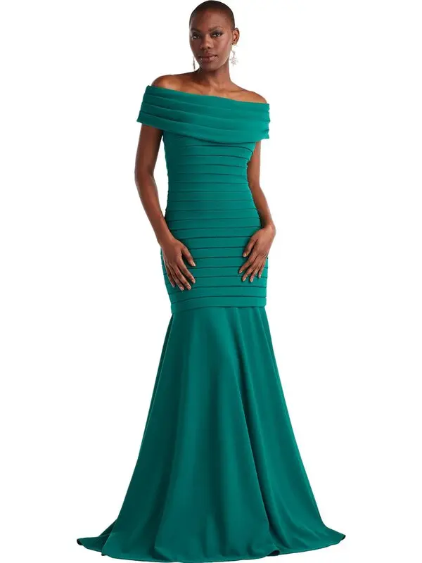 Tadashi Shoji Elisea Shutter-pleated Crepe Off-the-shoulder Gown - Emerald