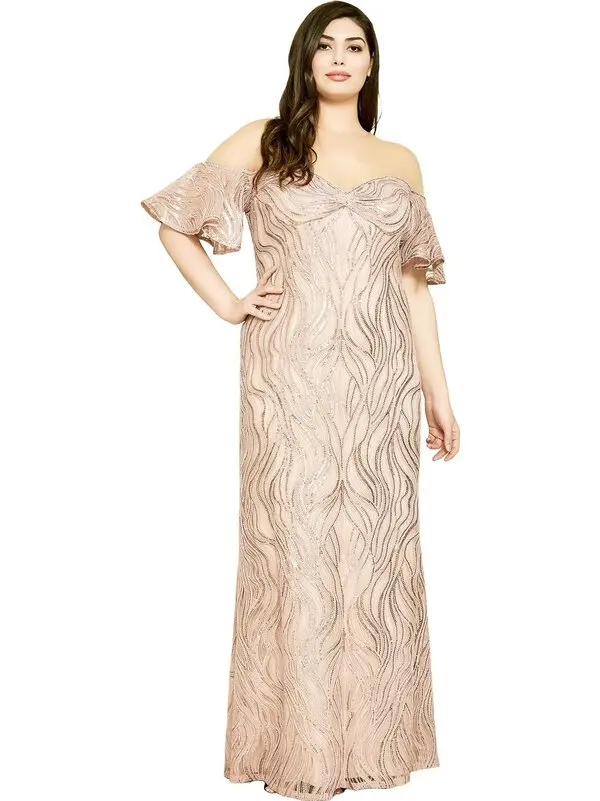 Tadashi Shoji Nerilla Sequin Off-the-shoulder Illusion Gown - Black/nude
