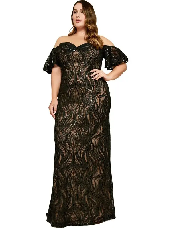 Tadashi Shoji Nerilla Sequin Off-the-shoulder Illusion Gown - Black/nude