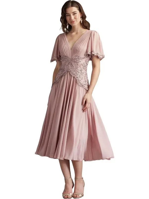 Tadashi Shoji Indira Embroidered Chiffon Midi Dress - Pebble