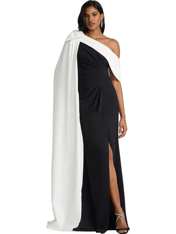 Tadashi Shoji Romi One-shoulder Bow Cape Gown - Black/ivory