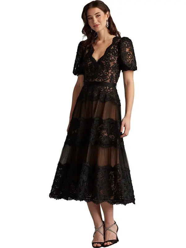 Tadashi Shoji Belline Embroidered Chiffon Midi Dress - Black/nude