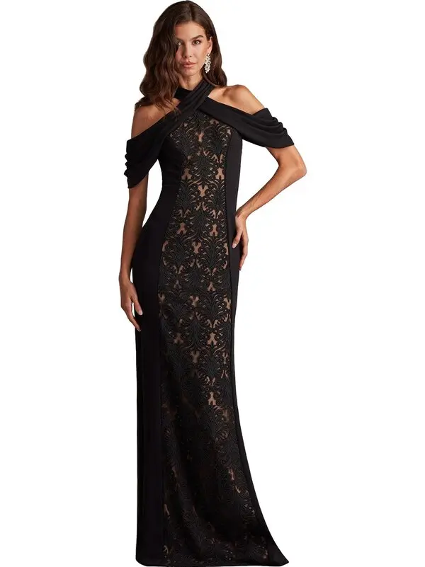 Tadashi Shoji Embroidered Off-shoulder Halter Gown - Black/nude