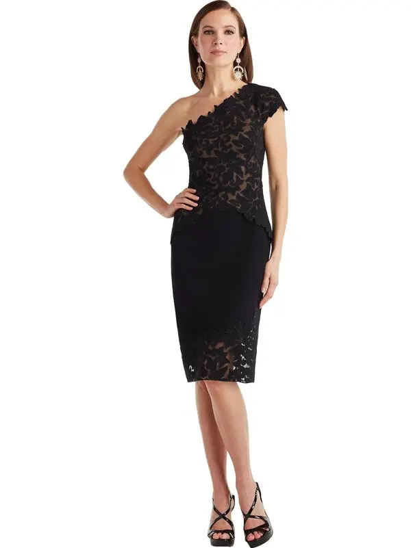 Tadashi Shoji Rinelle Laser-cut One-shoulder Sheath Dress - Black/nude