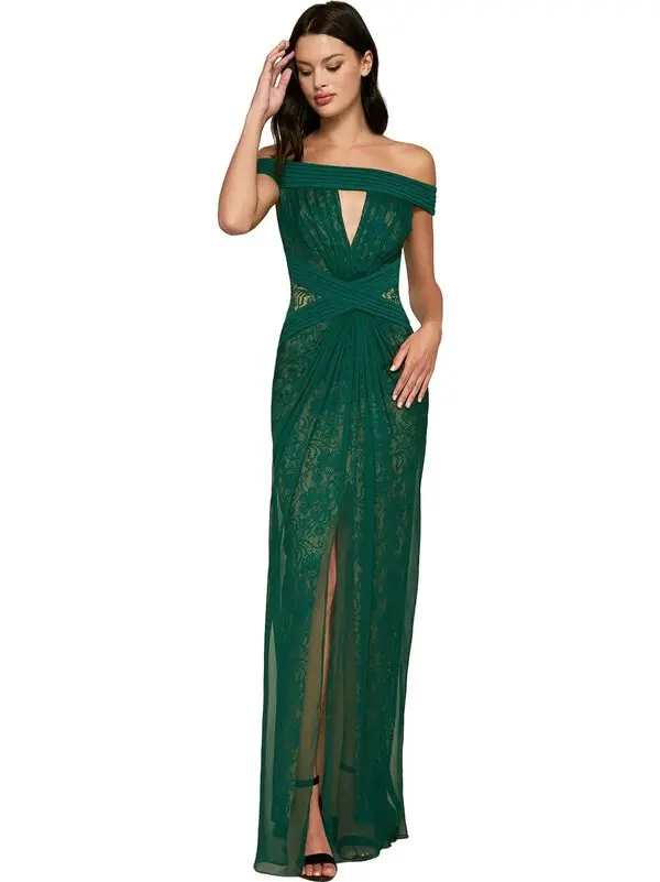 Tadashi Shoji Balbina Lace Off-shoulder Gown With Slit - Forest/nude