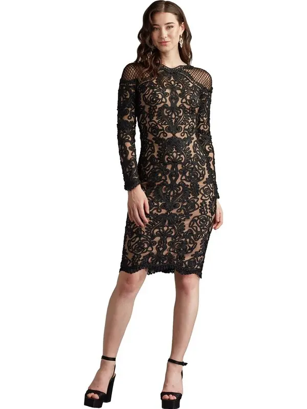 Tadashi Shoji Embroidered Illusion Sheath Dress - Black/nude