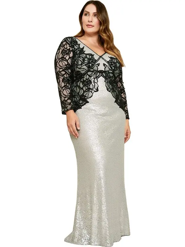 Tadashi Shoji Sequin Lace Gown - Silver/black
