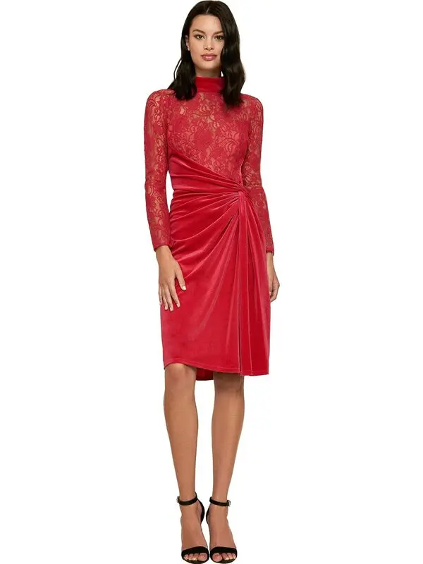 Tadashi Shoji Tatis Long-sleeve Velvet Dress - Cerise/nude