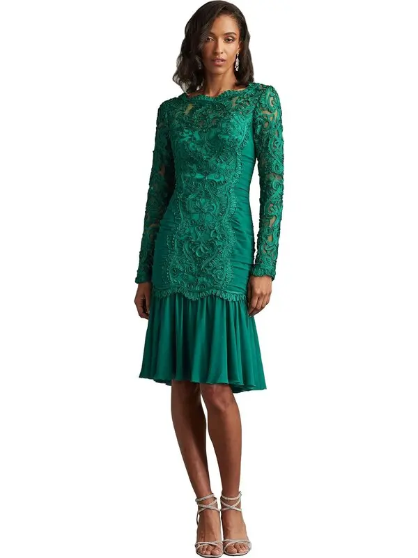 Tadashi Shoji Novara Embroidered Lace Skater Dress - Emerald