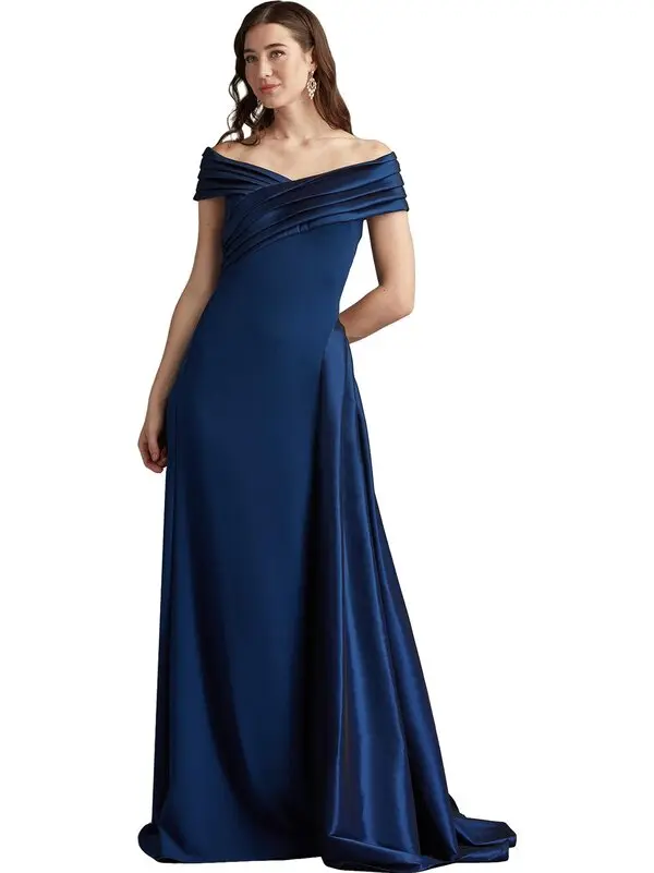 Tadashi Shoji Elysian Draped Overlay Train Gown - Navy