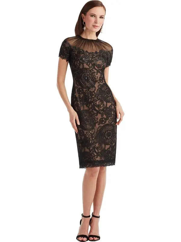 Tadashi Shoji Sable Embroidered Tulle Sheath Dress - Black/nude