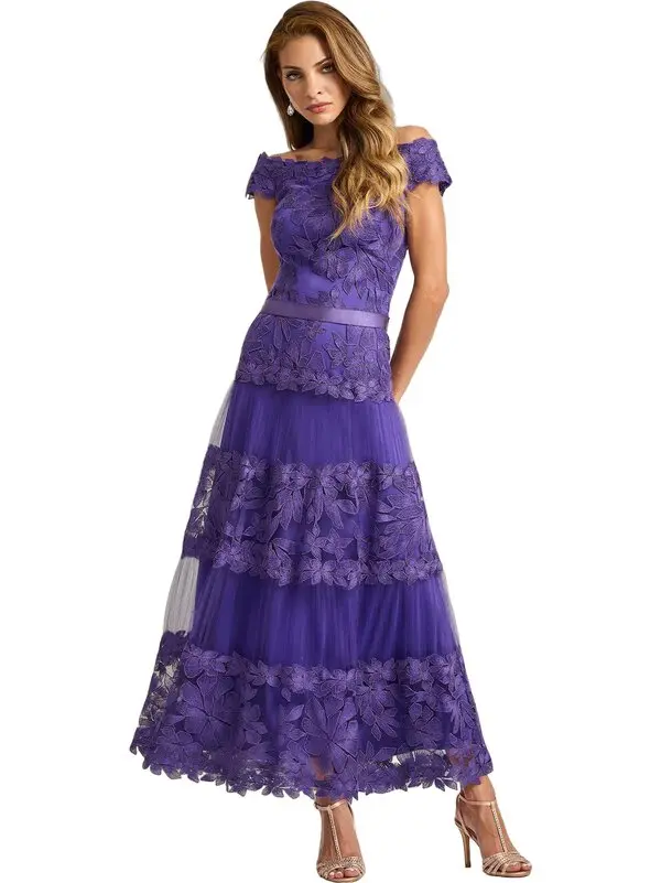Tadashi Shoji Adriane Floral Embroidered Tea-length Dress - Deep Amethyst