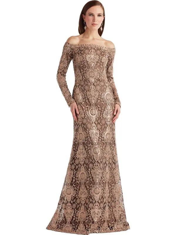 Tadashi Shoji Elisara Sequin Embroidered Off-shoulder Gown - Ginseng