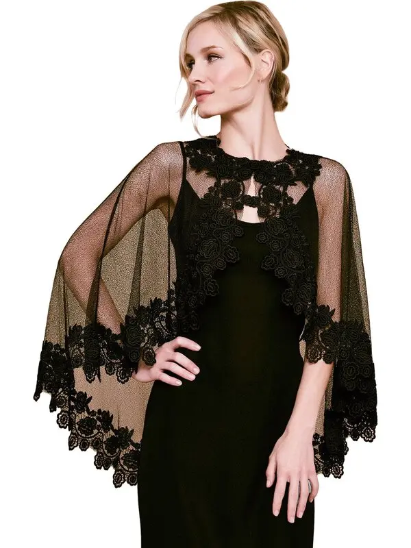 Tadashi Shoji Berio Lace & Mesh Capelet - Navy