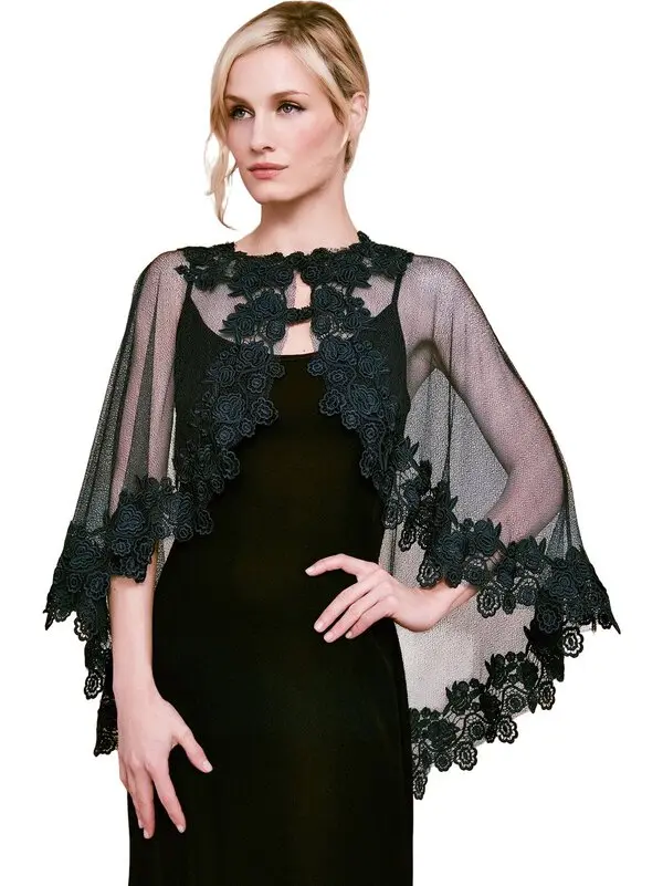 Tadashi Shoji Berio Lace & Mesh Capelet - Navy