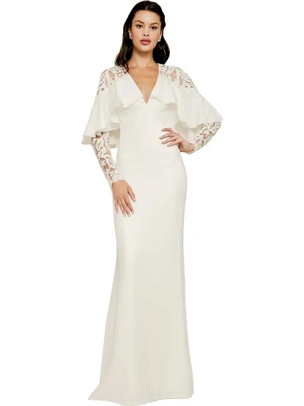 Tadashi Shoji Zues Lace Long-sleeve Crepe Gown - Ivory